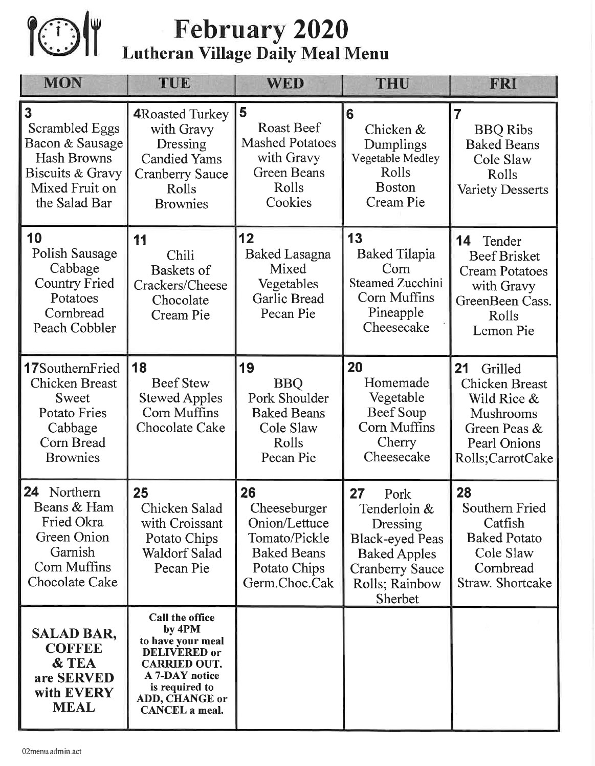 Dinner Menu | Memphis Adult Living