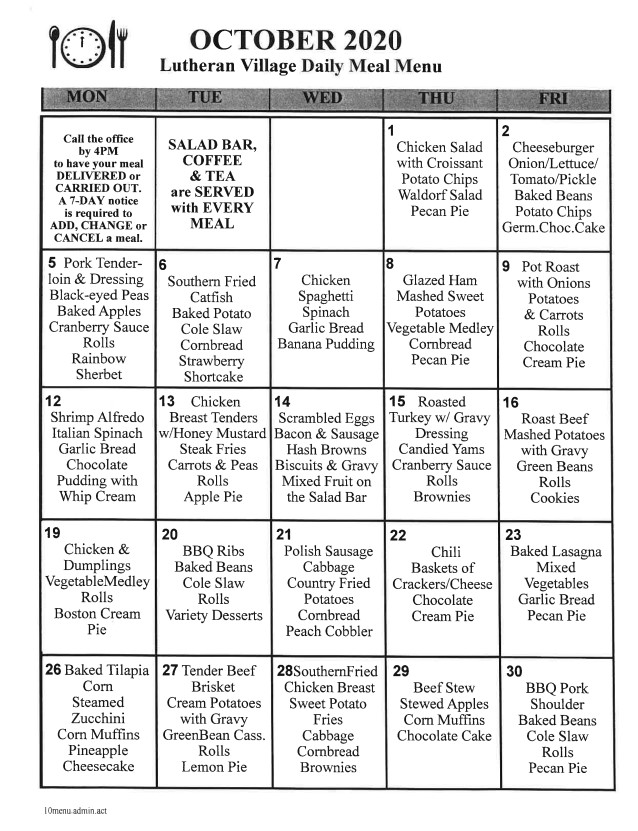 Dinner Menu | Memphis Adult Living